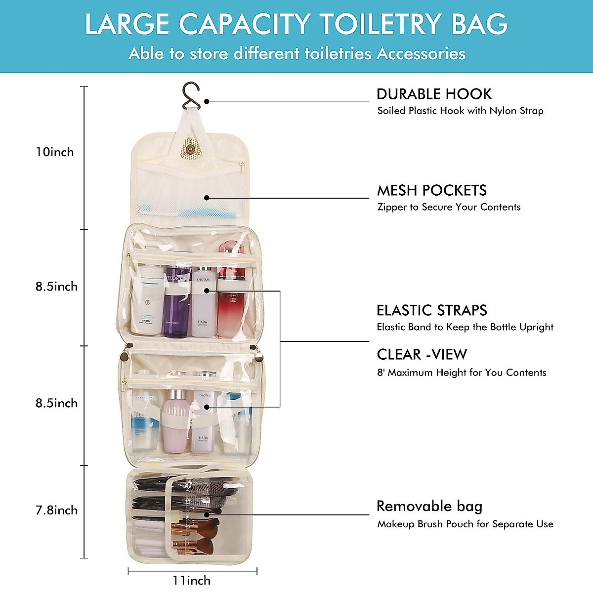 Devotee Toiletry Bag for Women, Travel Bag with Hanging Hook, Water-Resistant Makeup Bag for Full Sized Toiletries, Cosmetic Organizer for Toiletries, White