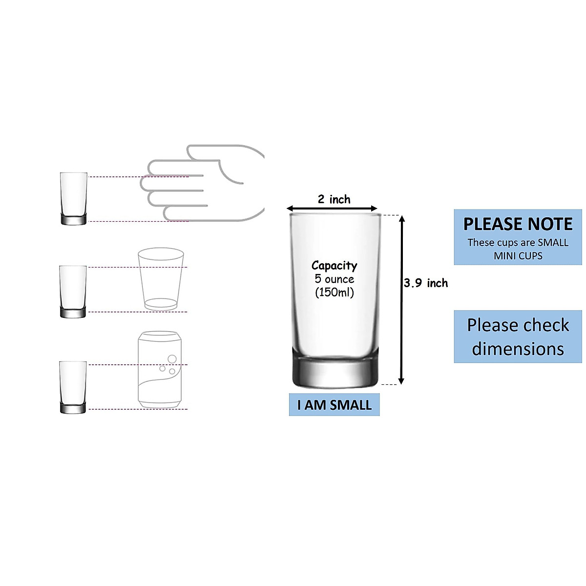 BOHEM'S Small Juice Glasses, Mini Clear Glass Cups Tumblers, Drinking Glassware for Orange Juice, Water, Milk, Coffee, Perfect for Tasting and Small Portions, Set of 6 (5 oz)