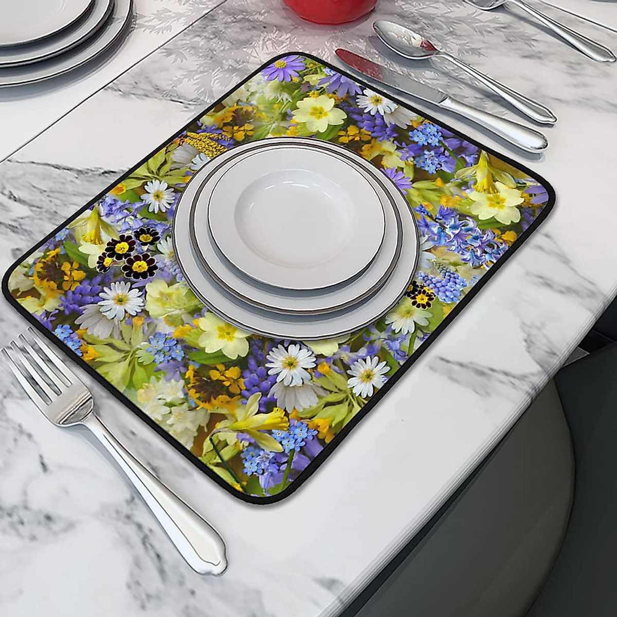 Spring Garden Dish Drying Mat for Kitchen Counter Farmhouse Colorful Netherlands Flower Dishes Pad Reversible Microfiber Absorbent Machine Washable (16'' x 18'')