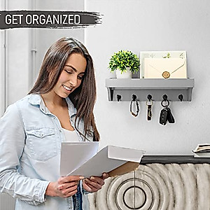 Rebee Vision Decorative Key Holder for Wall - Modern Farmhouse Wall Mount Mail Organizer Keys Hanger with Floating Shelf, 5 Rustic Key Hooks for Entryway Home Decor (Gray)