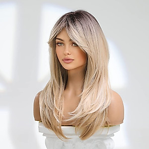 Long Blonde Wig with Bangs Layered Synthetic Hair Wig with Dark Roots for Women (22 Inch)