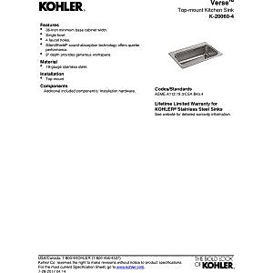 Kohler K-20060-4-NA Verse 33" x 22" Drop-in Single Bowl Kitchen Sink with Four Faucet Holes Stainless Steel, 33x22, Steel