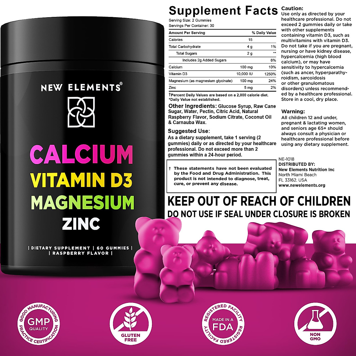 New Elements Calcium Gummies with Vitamin D3, Magnesium, and Zinc - 60 Count