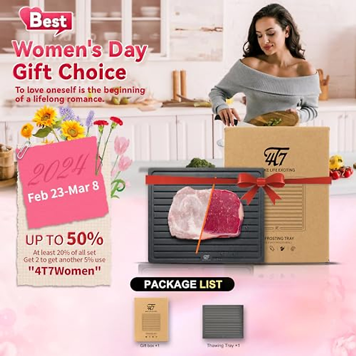 4T7 Defrosting Tray for Frozen Meat Quick Thawing, 8MM Extra Thick Plate Board for Steak Pork Chicken, with Grooves to Catch Drips, Non-Stick Thawing Tray Easy to Clean (Defrosting Tray Only)