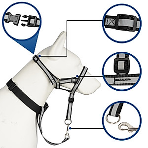 BARKLESS Reflective Head Collar, No Pull Collar for Large Dogs, Anti-Pull Muzzle Leash for Large Sized Breed, Adjustable Soft Dog Halter, Nose Leash for Easy Control on Walks