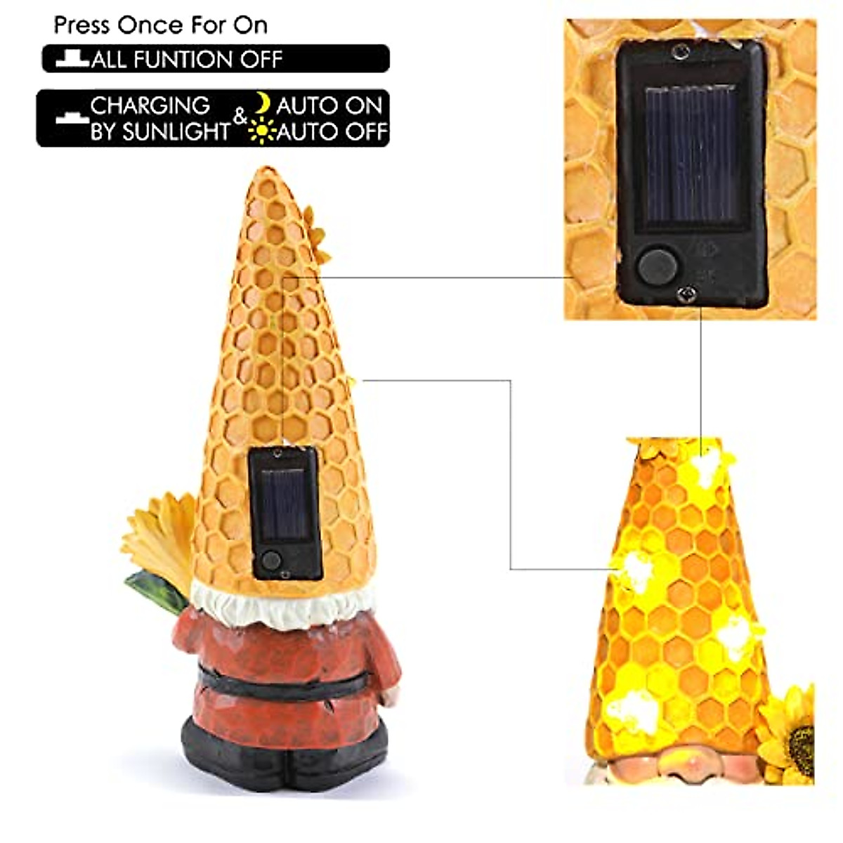 REYISO 12.3 inch Gnomes Garden Statue, Resin Sunflower Statues Gnome Figurine Solar Outdoor Decorations Art Sculpture for Patio Yard Lawn Garden Decor Lawn Ornaments Gnomes Gifts