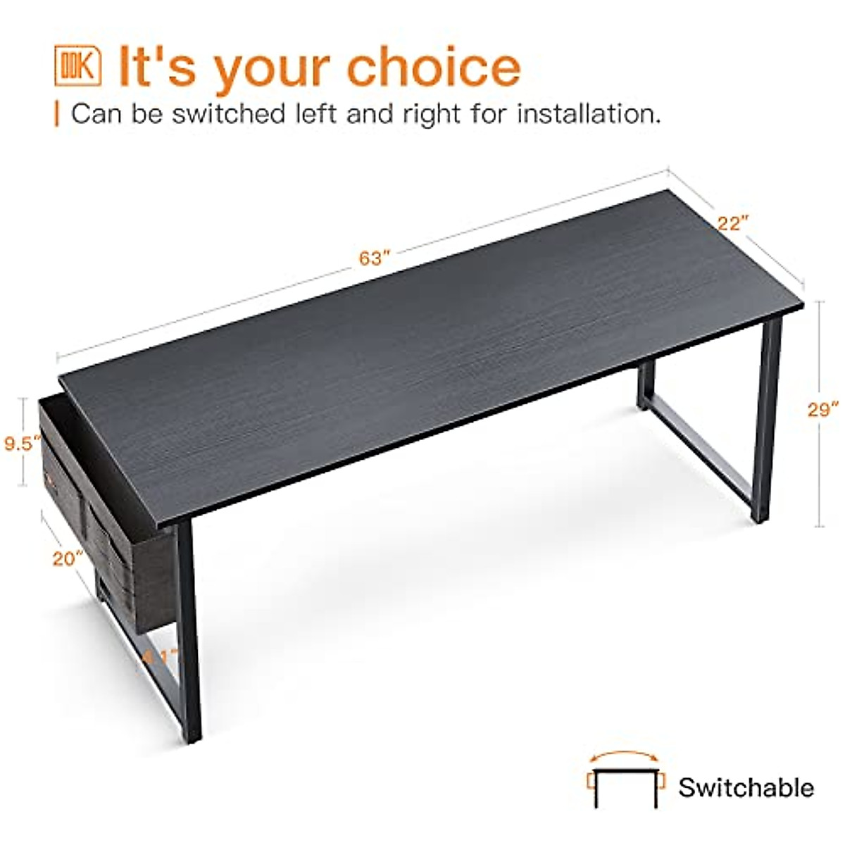 ODK 63 inch Super Large Computer Writing Desk Gaming Sturdy Home Office Desk, Work Desk with A Storage Bag and Headphone Hook, Black