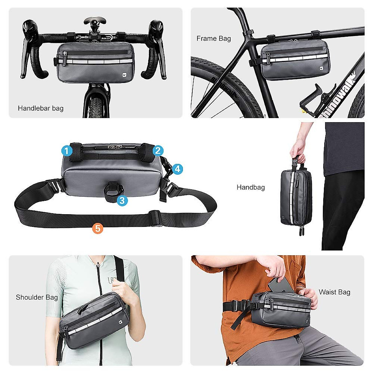 Rhinowalk Bike Bag Waterproof Bike Handlebar Bag,Bike Basket Bicycle Front Bag Shoulder Bag Waist Bag for Sport Bicycle Professional Cycling Accessories-Gray