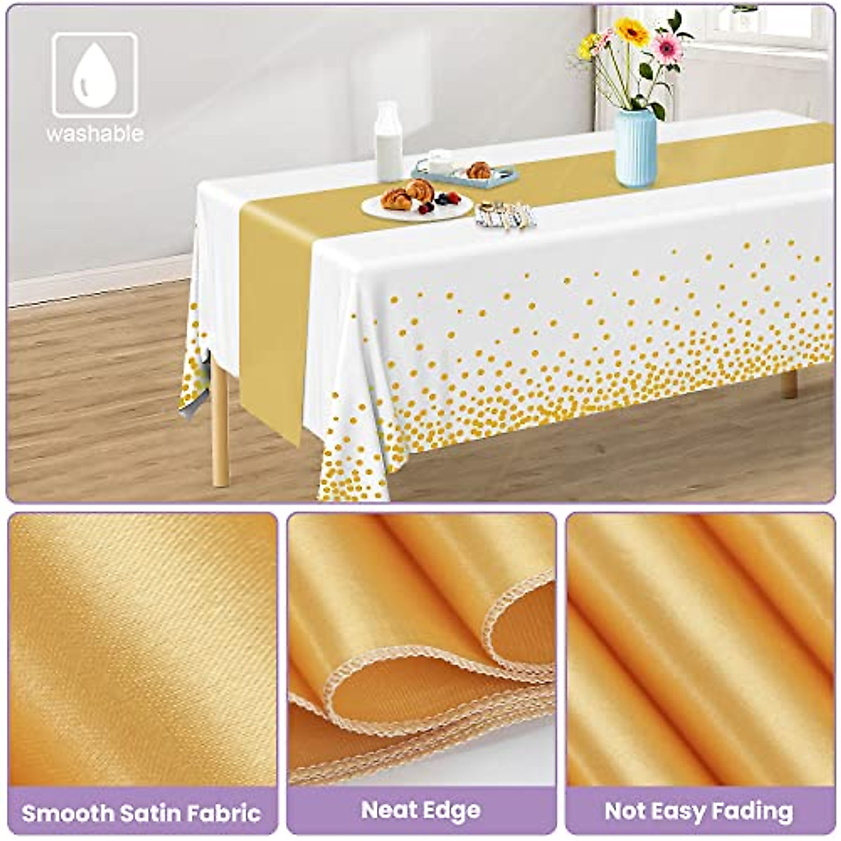4 Pack Disposable Plastic Gold Tablecloths 54"X108" and 4 Pack Satin Table Runner 12"x 108" with 40 PCS Dinner Paper for Wedding Birthday Valentine’s Day Graduation Baby Shower Holiday