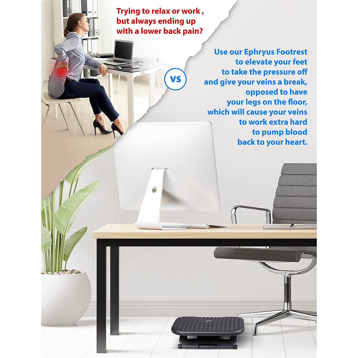 Ephyrus Adjustable Under Desk Footrest - Ergonomic Black Foot Rest with 3 Height Position - 30 Degree Tilt Angle Adjustment for Home, Office with Massage Surface for Improved Circulation and Posture