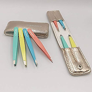 Precision Tweezers Set 4-Piece Muticolor Professional Stainless Steel Tweezers, LaVieEn 4 Pack Tweezers Precision for Eyebrows, Splinter and Ingrown Hair Removal with Rose Gold Leather Travel Case