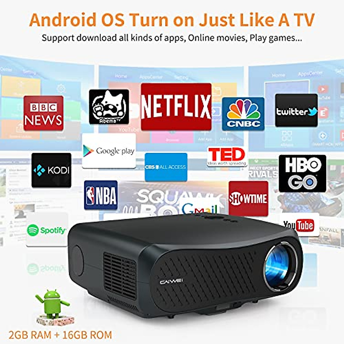 2.4/5G WiFi Bluetooth Projector, Native 1080P 200" Outdoor Movie Projector, 10000L Smart Home Theater Projector 4K Video Games with Android OS/Wireless Mirroring/HDMI/USB for Phone DVD TV Stick Laptop
