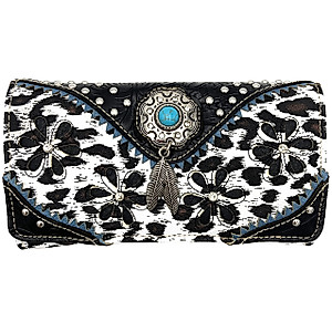 Leopard Animal Print Concealed Carry Feather Concho Country Vintage Western Handbag Hobo Purse Wallet Set (Snow Leopard)