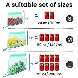 AECHY Silicone Bags Reusable Storage - Reusable Food Storage Bags, Extra Large 95 OZ Reusable Sandwich Bags - Silicone Food Pouch Stand Up, Leak-free, Heavy-duty, Microwave Safe, 3PCS, Auqa