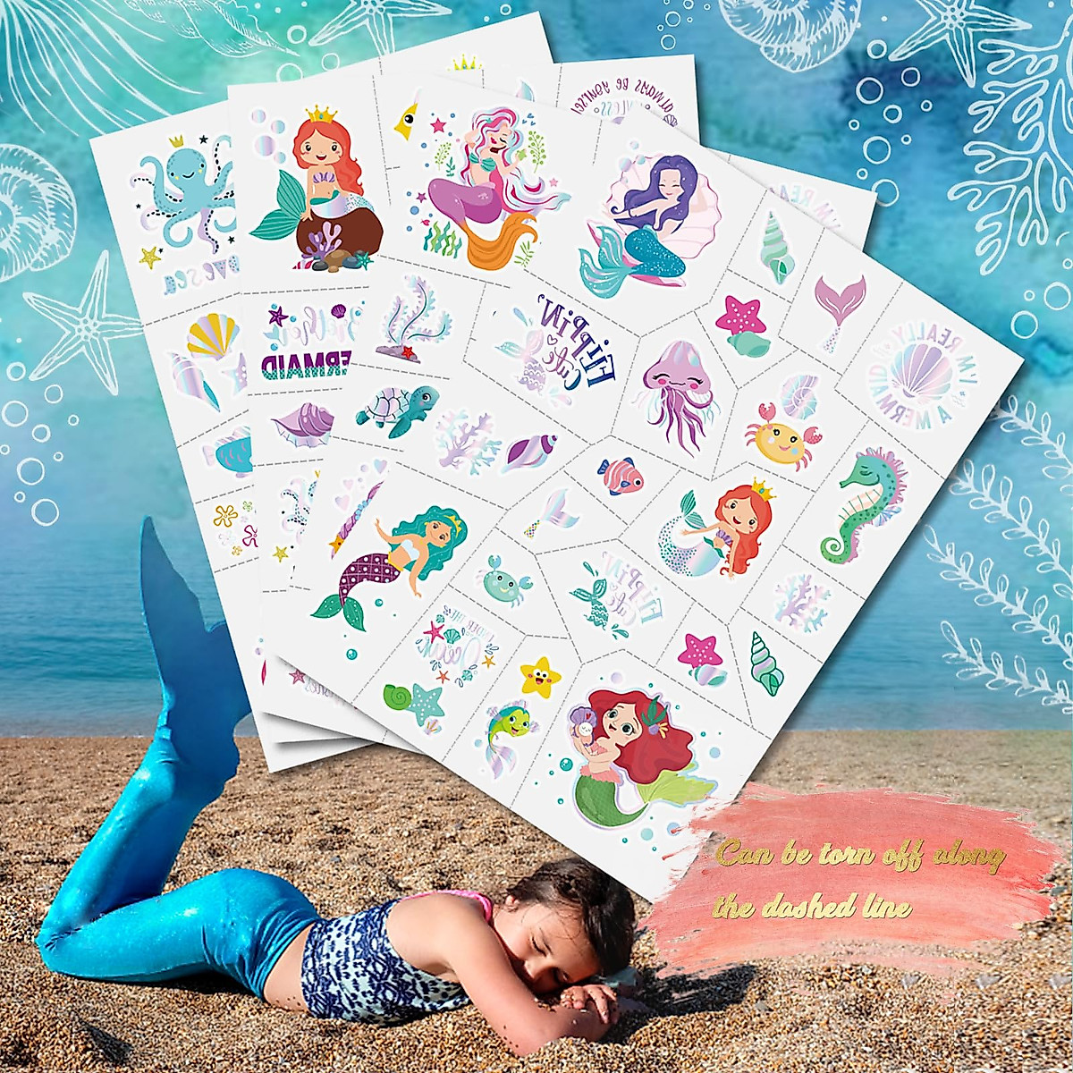 Mermaid Glitter Temporary Tattoos for Kids, 4 Sheets Bronzing Fake Tattoos for Girls, Cute Under Sea Animal Body Arm Shoulder Tattoos Stickers Waterproof Tattoos, Party Favors Supplies Decor Gifts