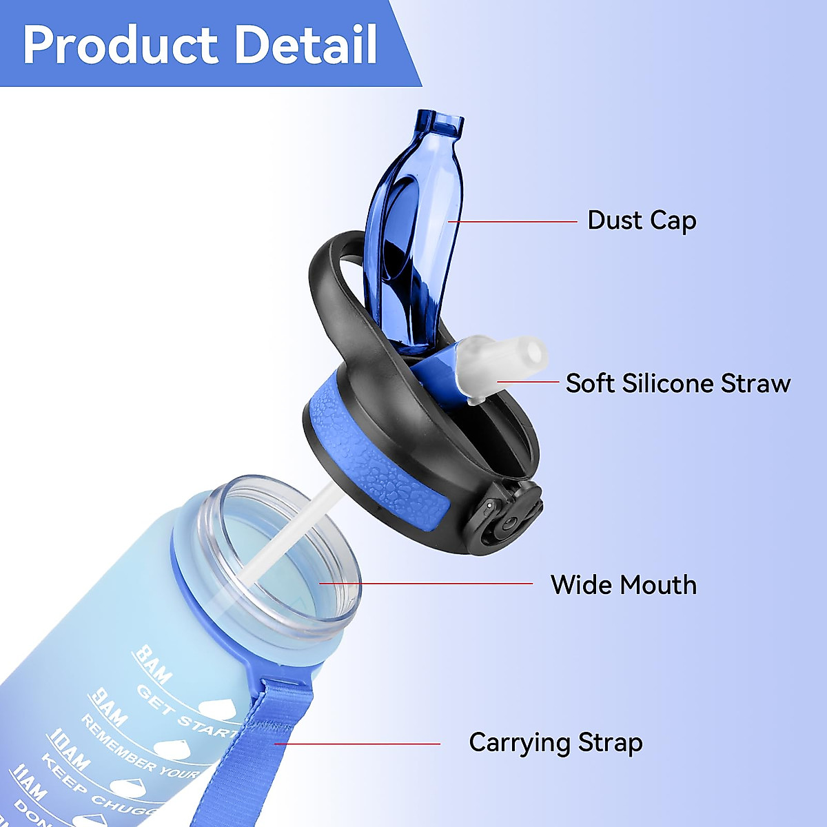 CHEERSONIC 32 oz Water Bottle with Times to Drink and Straw, Motivational Drinking Bottles with Carrying Strap BPA & Toxic Free Leak proof Bottle, Perfect for Fitness, Gym and Outdoors (Gradual Blue)