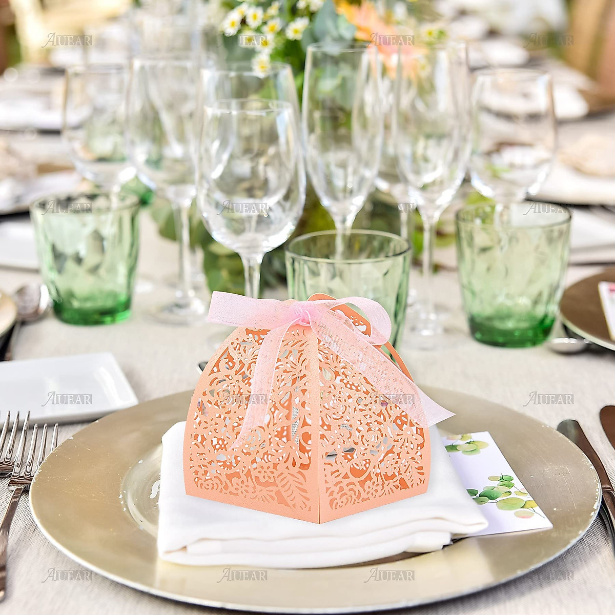 AUEAR, 50 Pack 2.4''x2.4'' Rose Candy Boxes Laser Cut Chocolate Gift Boxes for Wedding Bridal Shower Anniversary Birthday Party Favors (Pink)