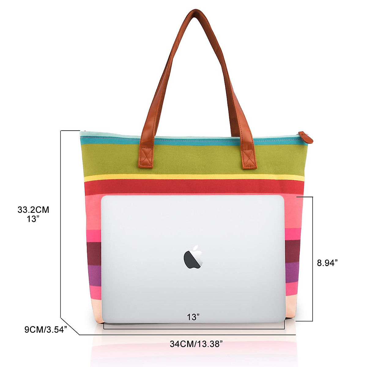 DEMOMENT Canvas Floral Shopping Zip Top Tote Bag GYM Hiking Picnic Travel Beach Pool Shoulder Book Bag (Blue and Rainbow)