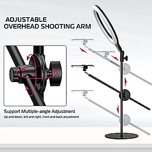 [Upgraded Base] ULANZI Overhead Phone Mount with 10" Selfie Ring Light, Tabletop Light Stand with 360° Shooting Arm, 3500k-6500K Dimmable Ring Light for Video Recording, Live Stream, Portrait & Makeup
