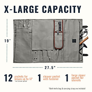 Sunday X Best Heavy Duty Waxed Canvas Chef Knife Roll Bag - Holds & Protects up to 12 Knives - Zipper Pocket for Utensil Storage - Perfect Knife Bag for Chefs on the Go (Stone Grey)