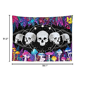 Jinxy Skull Moon Phase Mushroom Garden Tapestry, Psychedelic Floral Plant Tapestry, Wild Flowers Tapestry Home Decor Wall Hanging for Living Roomall Hanging for Living Room (Moon Phase Skull, 51.2" x 59.1")