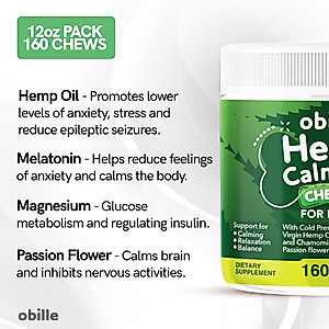 Obille Hemp Calming for Dogs 160 Chews 12oz – Calming Chews for Dogs Anxiety Relief, Everyday Stress Relaxation – with Hemp Oil, Flax Seed Meal, Melatonin, Valerian and Chamomile Extract