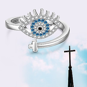 Cross Evil Eye Ring Sterling Silver Spiritual Turkish Third Evil Eye Cross Rings for Women Teen Greek Nazar Religious Adjustable Open Ring for Protection Size 9
