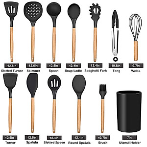 LIANYU 13-Piece Silicone Kitchen Cooking Utensils Set with Holder, Wooden Handle Utensils for Cooking, Kitchen Tools Include Spatula Turner Spoons Soup Ladle Tong Whisk, Black