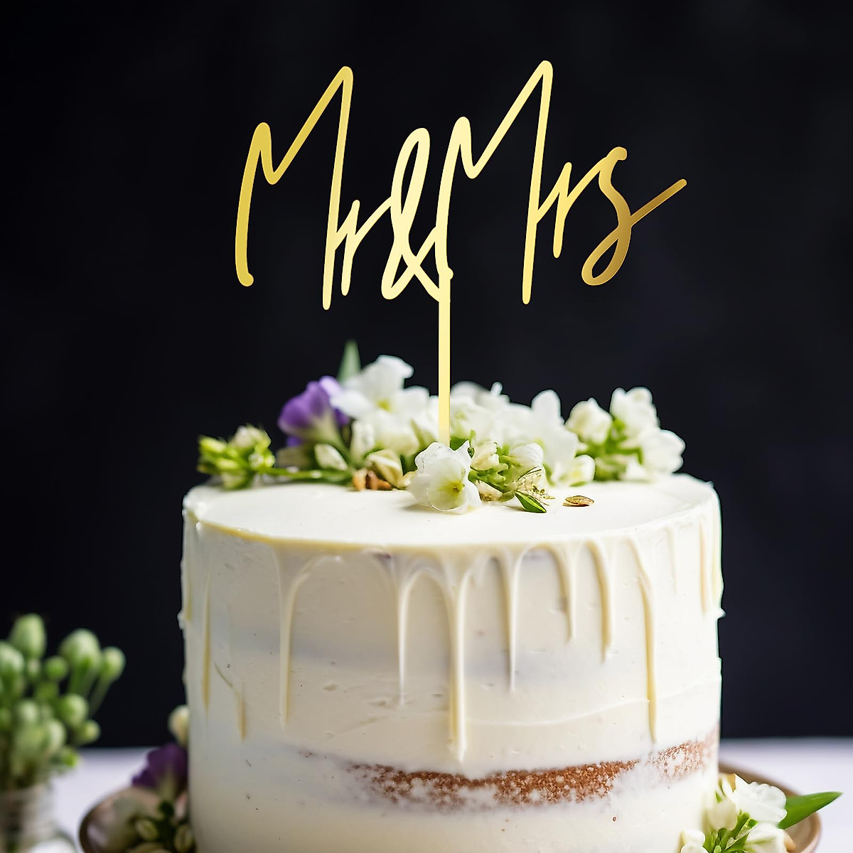 Party to Be Mr & Mrs Wedding Cake Topper in Golden Acrylic (Design 04)