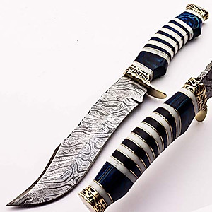 Skokie Knives Custom Hand Made Damascus Steel Hunting Knife Handle Original Camel Bone with Brass Spacer and Pakka Wood A Perfect Grip for Hunters
