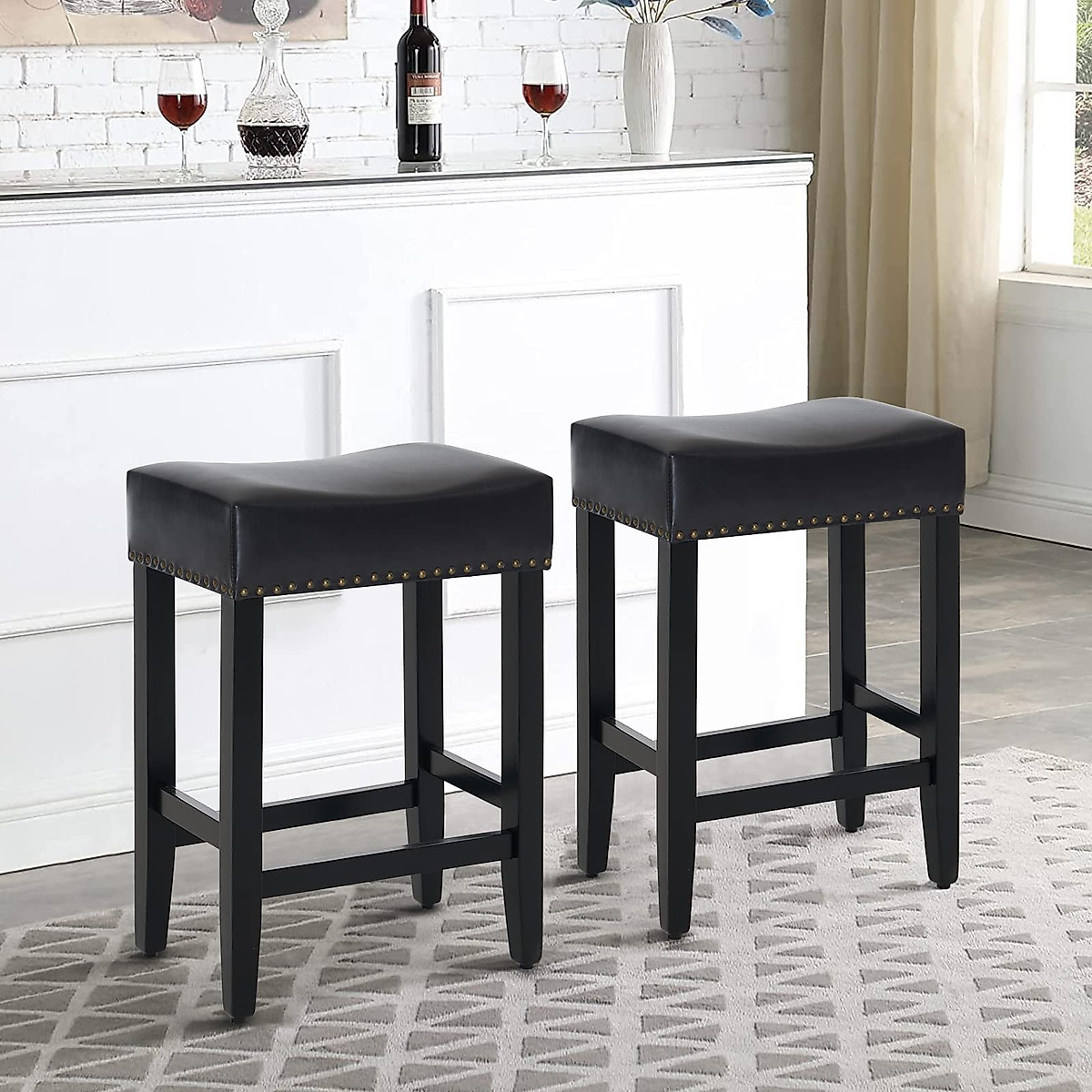 Furnimart 26” Bar Stools Set of 2 Leather Saddle Stool Counter Height Bar stools with Rivet Trim Cushion Seat Wood Counter Stools for Kitchen and Bar (PU-Black)