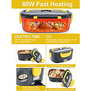 Buddew Electric Lunch Box 80W Food Heater for Adults, 12/24/110V Portable Lunch Warmer Upgraded Heated Lunch Box for Car/Truck/Office with SS Fork&Spoon and Insulated Carry Bag(Yellow)