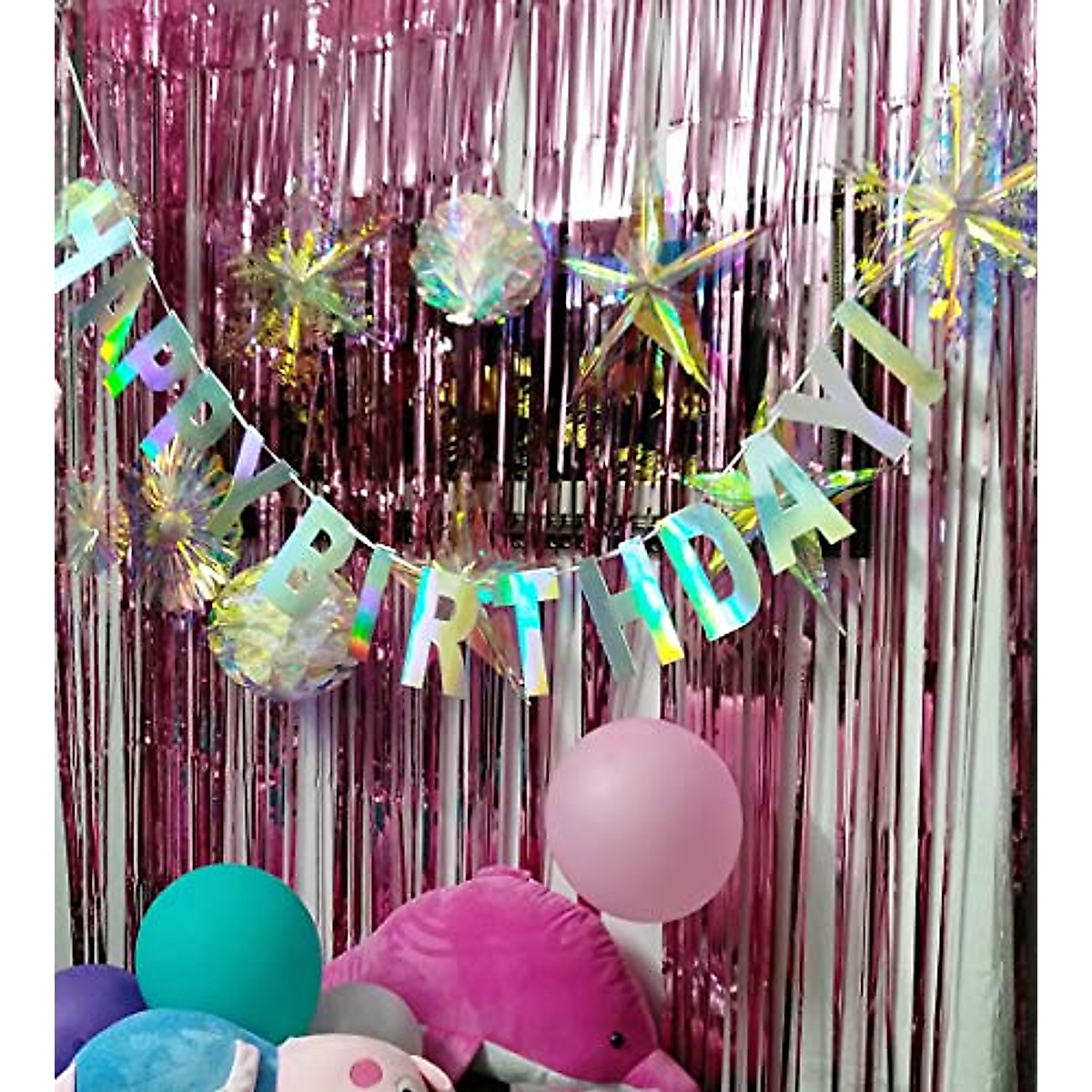 CareCheer Pre-Strung Happy Birthday Sign - NO DIY - Holographic Hanging Banner Iridescent White Bunting String Flag Garland for Party Decorations