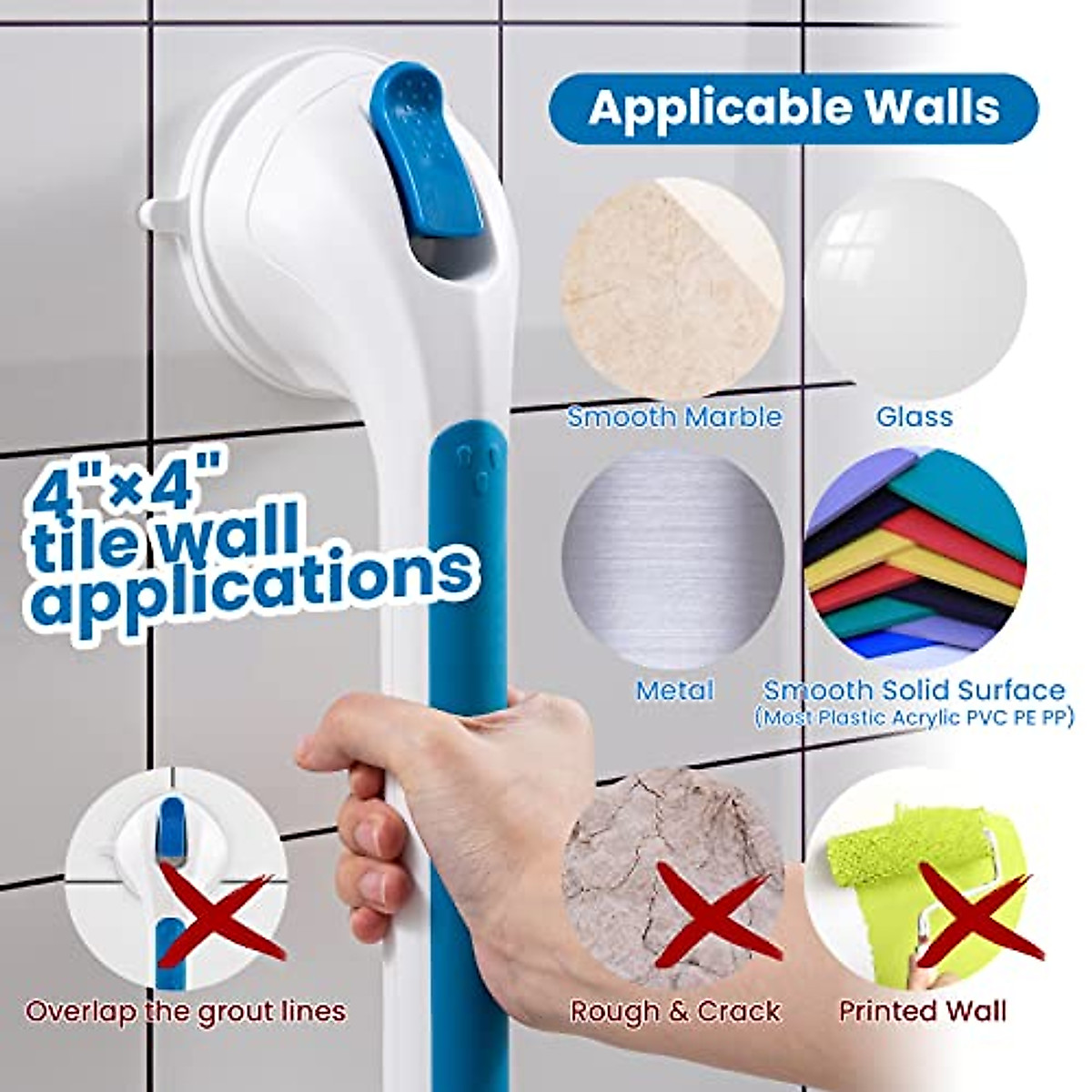 LEVERLOC Shower Grab Bar, Suction Grab Bars for Bathtubs and Showers, Easy to Install Removable Shower Handle for Bathroom Safety Grip for Seniors Elderly, Heavy Duty Handrails Waterproof No Drilling