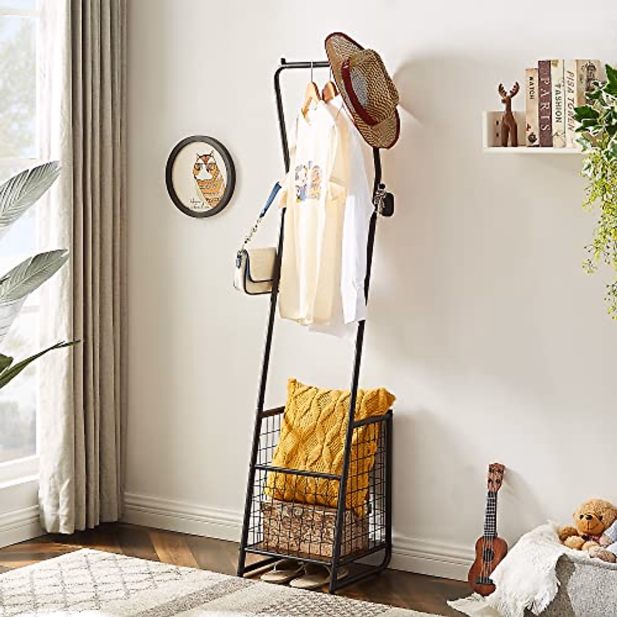 VECELO Metal Coat Rack Stand with Anti-Drop Design, Space Saving Hall Trees with Steel Basket,Small Garment Organizer with 2 Handy Cloth Rails and Slipper Space, Rectangle, Rustic Brown