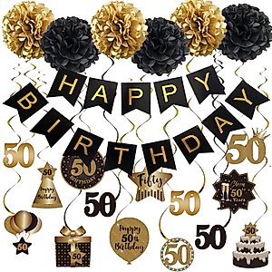 BRT Bearingshui Happy 50th Birthday Hanging Swirls Streamers Decoration Set, Happy Birthday Banner with Tissue Pompoms, Black and Gold 50 Years Old Birthday Party Hanging Backdrop Decorations
