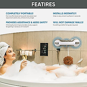 3 Suction Cup Grab Bars for Bathtubs and Showers, Shower Handles for Elderly Suction, Bathroom Accessories for Shower Chair, Grab Bars for Elderly for Wall, Handicap Grab Bars for Senior (2pack)