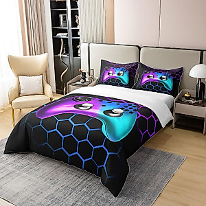Gamer Duvet Cover 100% Cotton Gaming Geometry Game Controller Bedding 100% Cotton Set Honeycomb Purple Blue Cover for Bedroom Decor Gamer Console Bedspread Cover Twin Zipper with 1 Pillow Case