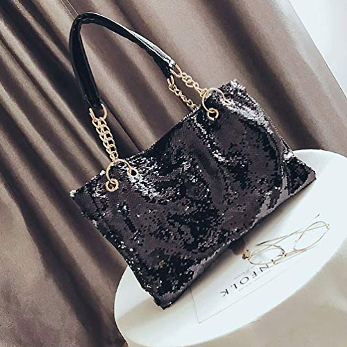 FENICAL Tote Purse Sequin Handbag Zipper Shoulder Bag Glitter Top-handle Bag for Women Ladies Girls - Black