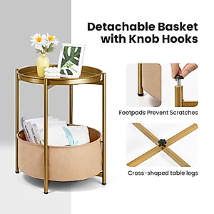 Luwesde Round Side Table, Gold End Table with Storage Basket, Metal Night Stand with Removable Tray, Small Bedside Table for Living Room, Bedroom, Nursery (Gold)