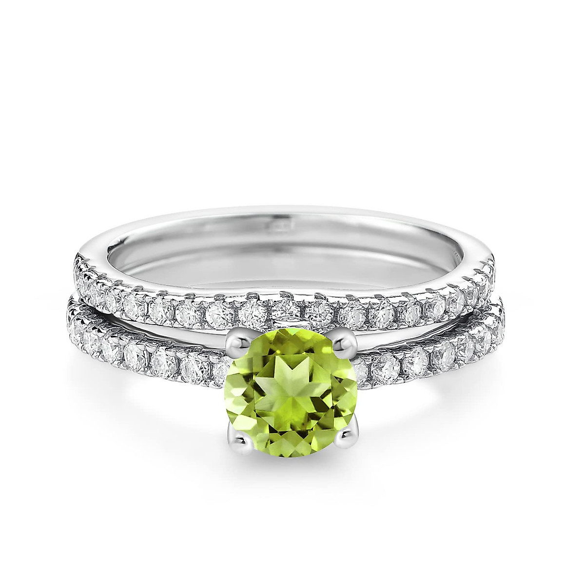 Gem Stone King 925 Sterling Silver Green Peridot and White Moissanite Wedding Engagement Band Bridal Set Ring For Women (1.49 Cttw, Gemstone August Birthstone, Available In Size 5, 6, 7, 8, 9)