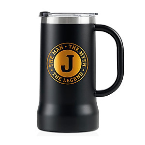 Onebttl Personalized Travel Mug with Handle, Beer Stein for Men, Funny Custom Alcohol Gifts for Beer Lovers, Unique Birthday Christmas Gifts for Him, the Man the Myth the Legend, J