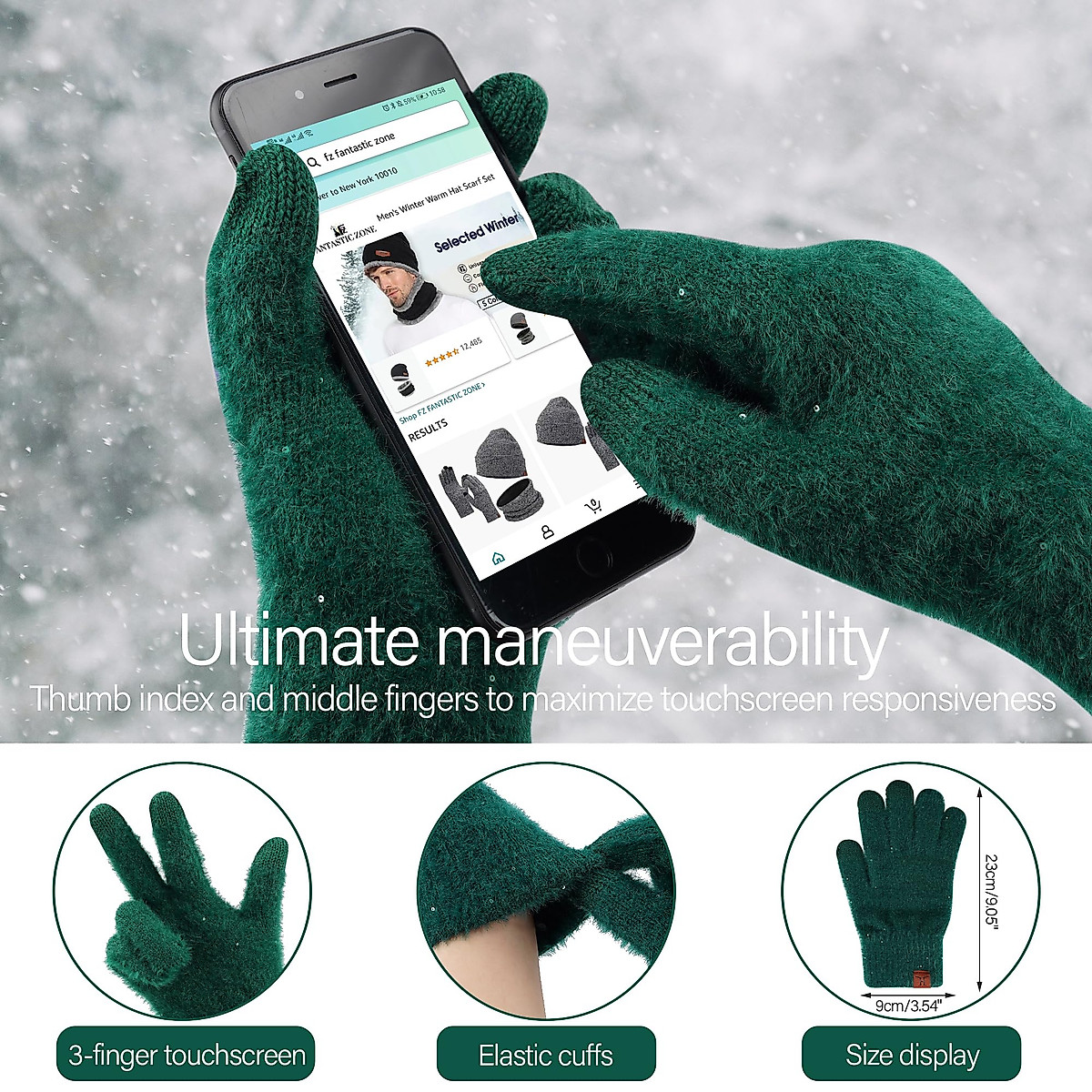Womens Winter Warm Knit Beanie Hats and Touchscreen Gloves Long Scarf Sets with Sequins Thick Fleece Lined Dark Green