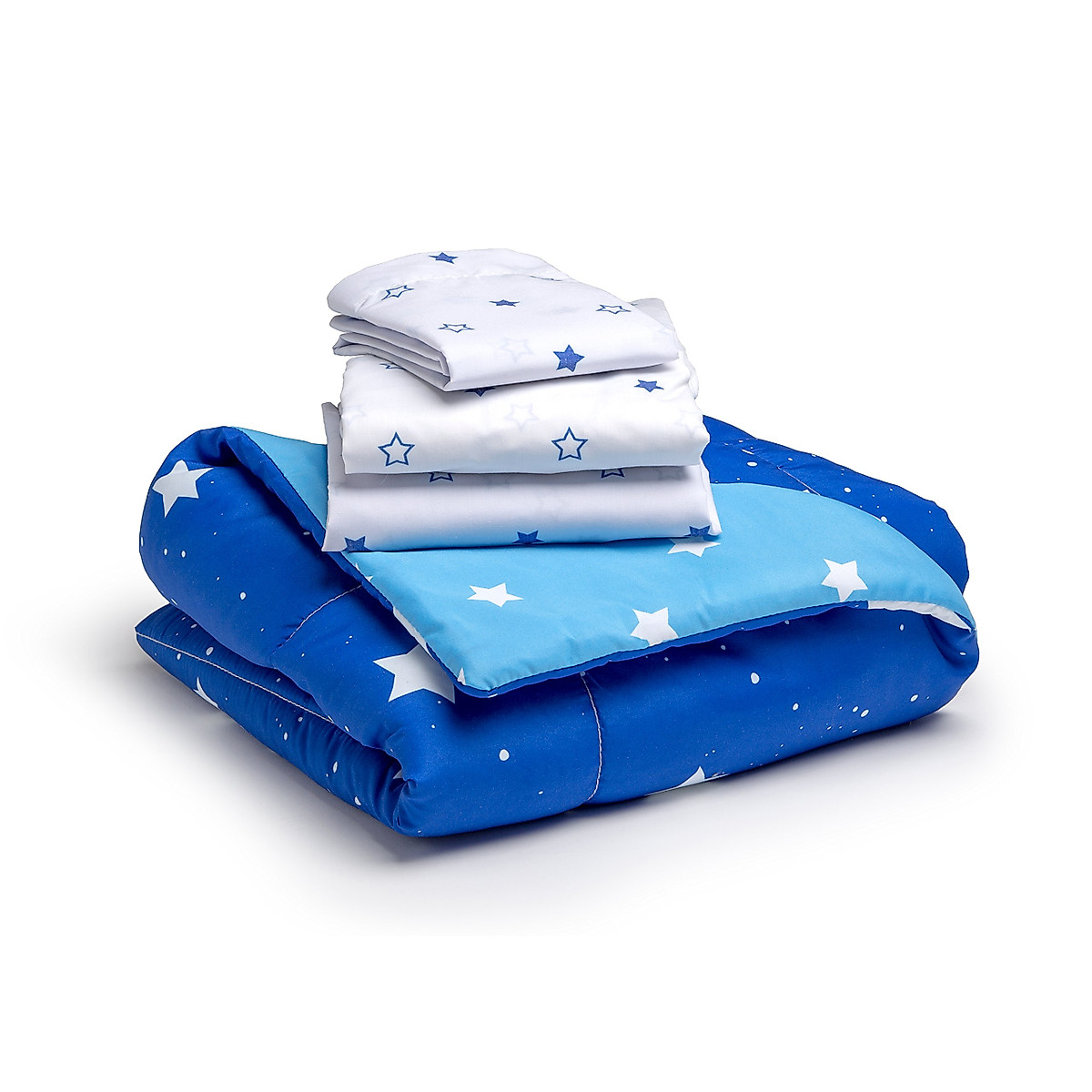 Delta Children 4 Piece Toddler Bedding Set for Boys - Reversible 2-in-1 Comforter - Includes Fitted Comforter to Keep Little Ones Snug, Bottom Sheet, Top Sheet, Pillow Case - Blue Stars