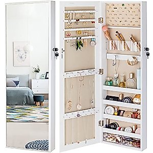 LUXFURNI Mirror Jewelry Armoire Cabinet with Storage, Door Hanging/Wall Mounted Cabinet Organizer with Brush Holder, White