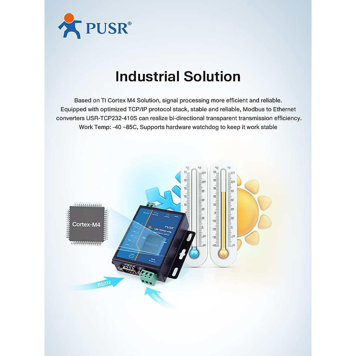 PUSR RS232 RS485 Modbus RTU to Modbus TCP Gateway Serial to Ethernet Converter USR-TCP232-410s