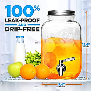 NutriChef 2-Gallon Glass Beverage Dispenser - Mason Jar Style Drink Container Jug w/Stainless Steel Spigot & Plastic Ice Infuser, Wide Mouth Easy Filling, 100% Leak-proof Lid, For Party or Daily Use