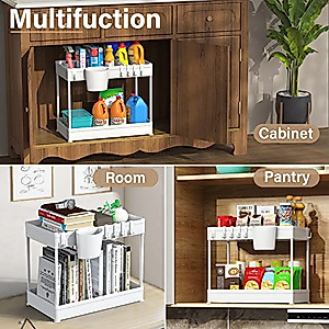Hekaty 2PCS Under Sink Organizer and Storage Multi-purpose 2 Tier Bathroom Organizer Storage Cabinet Kitchen Organizer Storage With Cup & Hooks Cleaning Supplies Organizer with Hanging Cup Hooks White