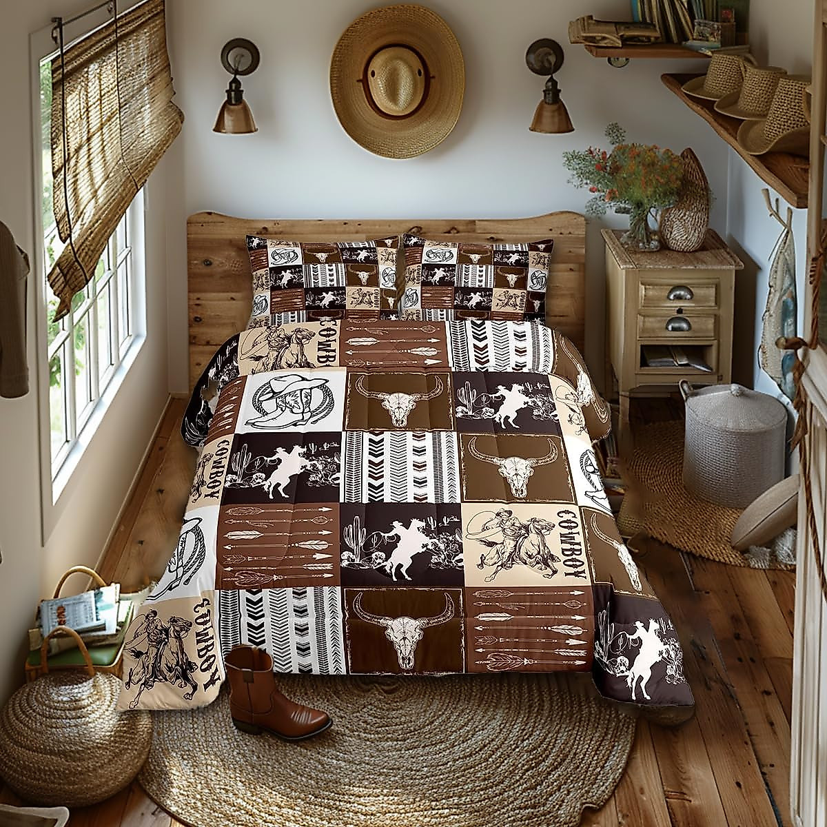 Manfei Western Cowboy Comforter Set Queen Size, Bull Skull Horse Arrow Print Quilt Set with 2 Pillowcases, Geometric Grid Brown Plaid Print Bedding Set 3pcs for Kids Boys Teens Bedroom Decor