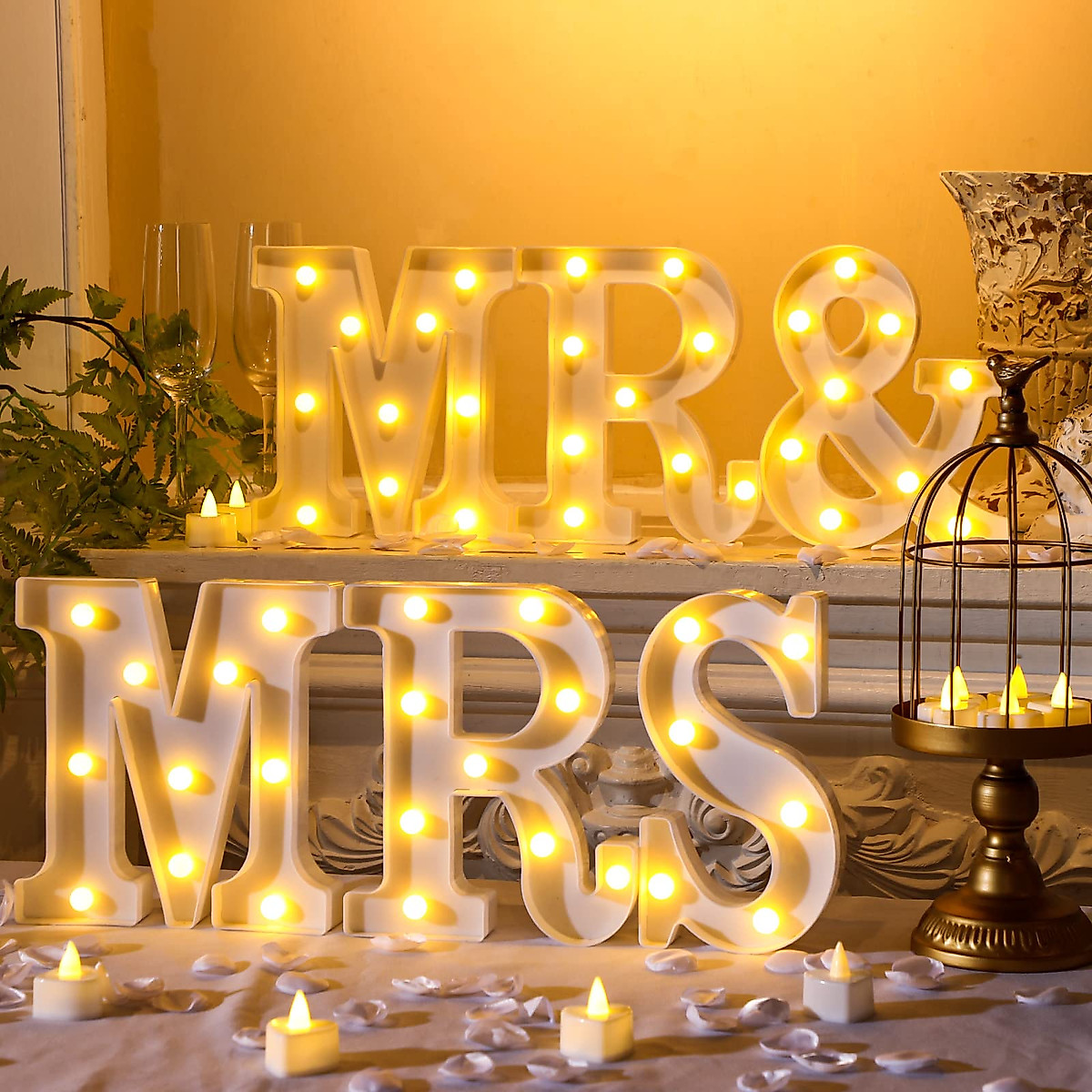 6 Pcs Mr and Mrs LED Sign 12 Pcs Flameless LED Candles 300 Pcs Artificial Rose Petals Neon Mr and Mrs Sign for Wedding Table Heart Romantic Candles Light up Letters for Romantic Night Decor (White)